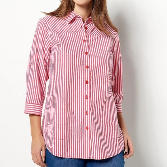 Joan Rivers | Tops | Joan Rivers Seersucker Shirt With Back Button ...